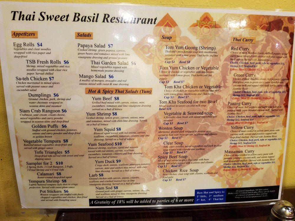 Menu at Thai Sweet Basil restaurant, Tampa, Northdale Blvd