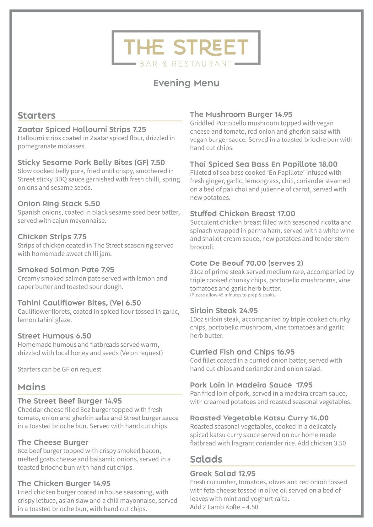 Menu at The Street Bar & Restaurant, King's Lynn