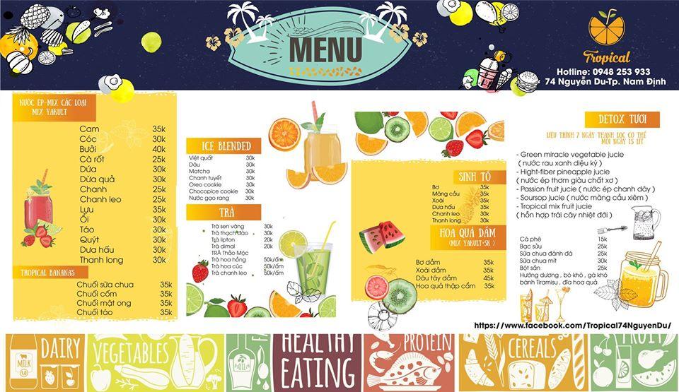 Menu at Tropical - nước ép hoa quả restaurant, Nam Định