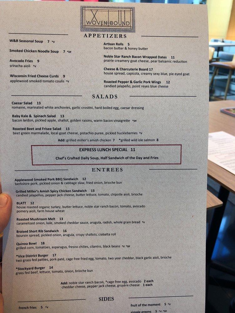 Menu at Woven + Bound Restaurant, Chicago