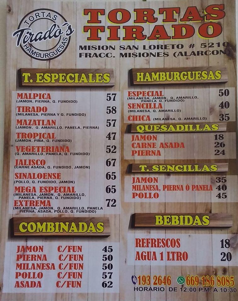Menu at Tortas Tirado restaurant, Mazatlán