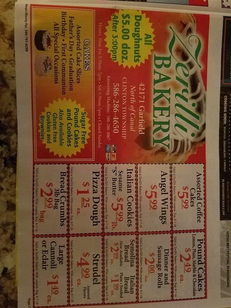 Menu at Zerilli Bakery, Charter Township of Clinton