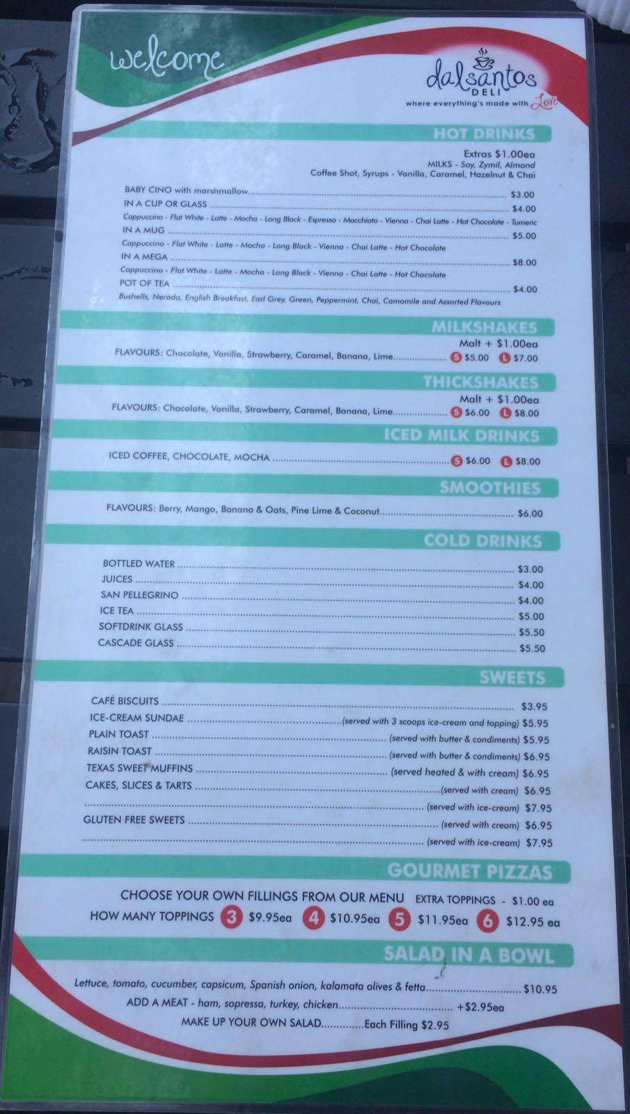Menu at DalSanto's Deli cafe, Ayr