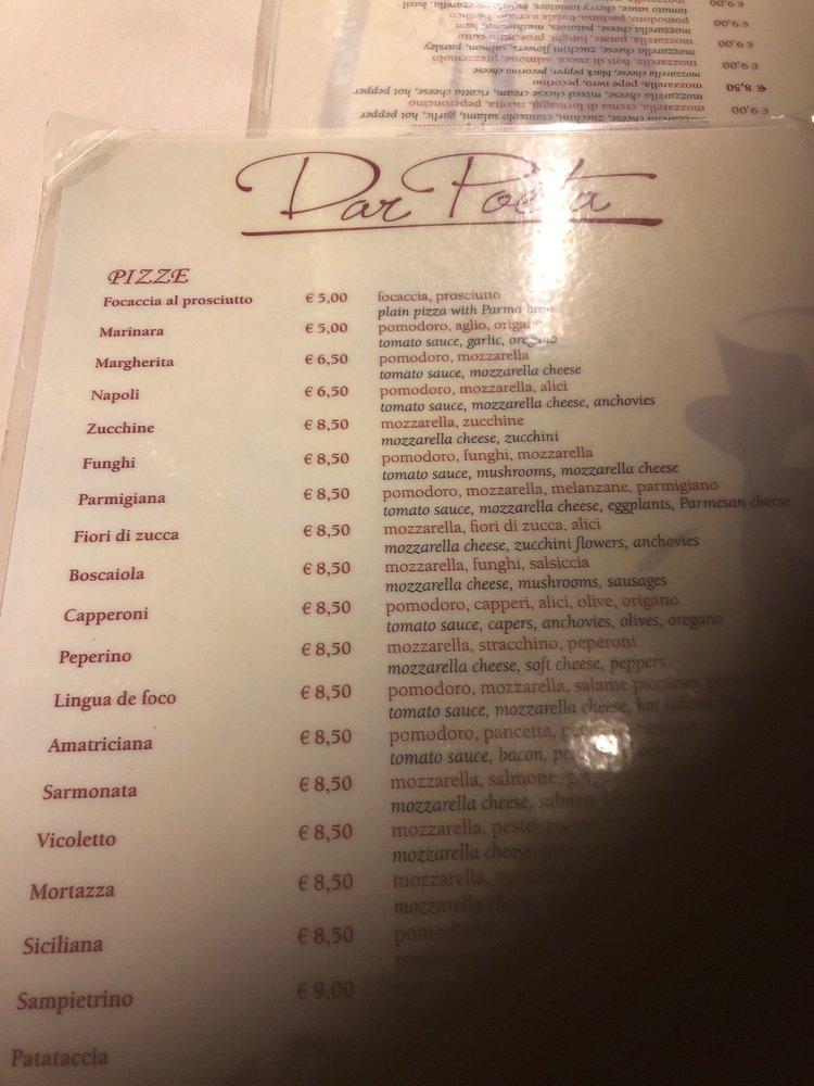 Menu at Pizzeria Dar Poeta, Rome, Vicolo del Bologna
