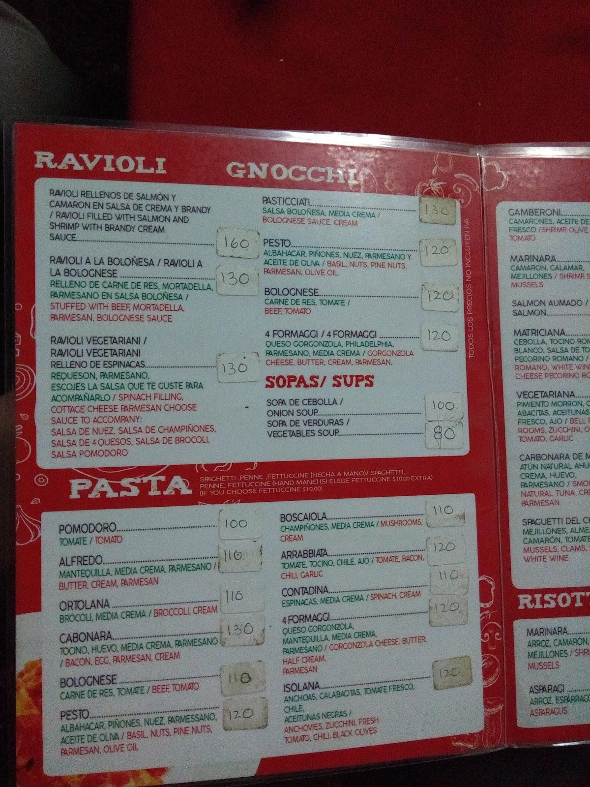 Menu at Luna Rossa restaurant, Puerto Escondido