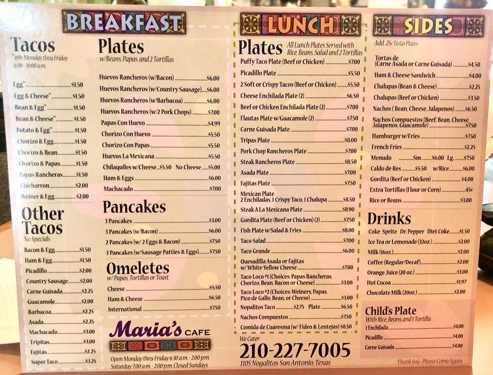 Menu at Maria's Cafe, San Antonio, Nogalitos St