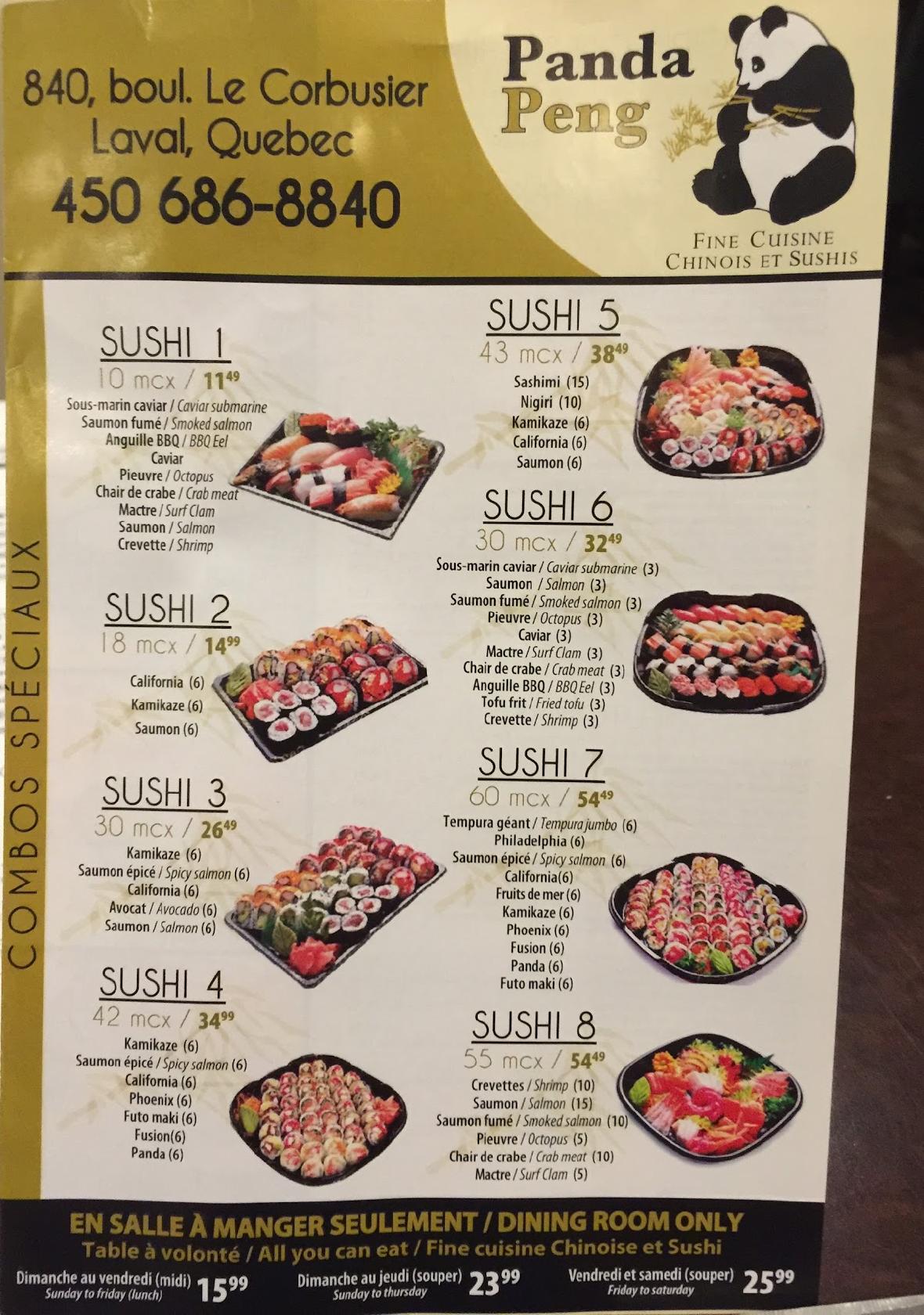 Menu at Panda Peng restaurant, Laval, 840 Boul. le Corbusier