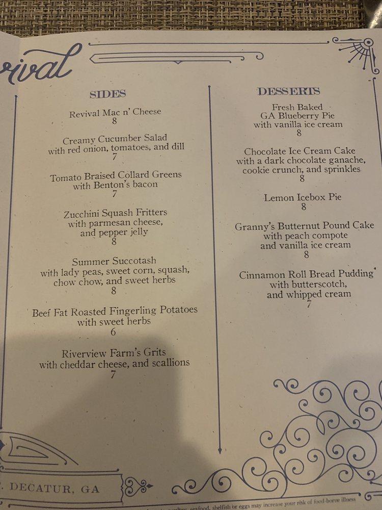 Menu at Revival restaurant, Decatur