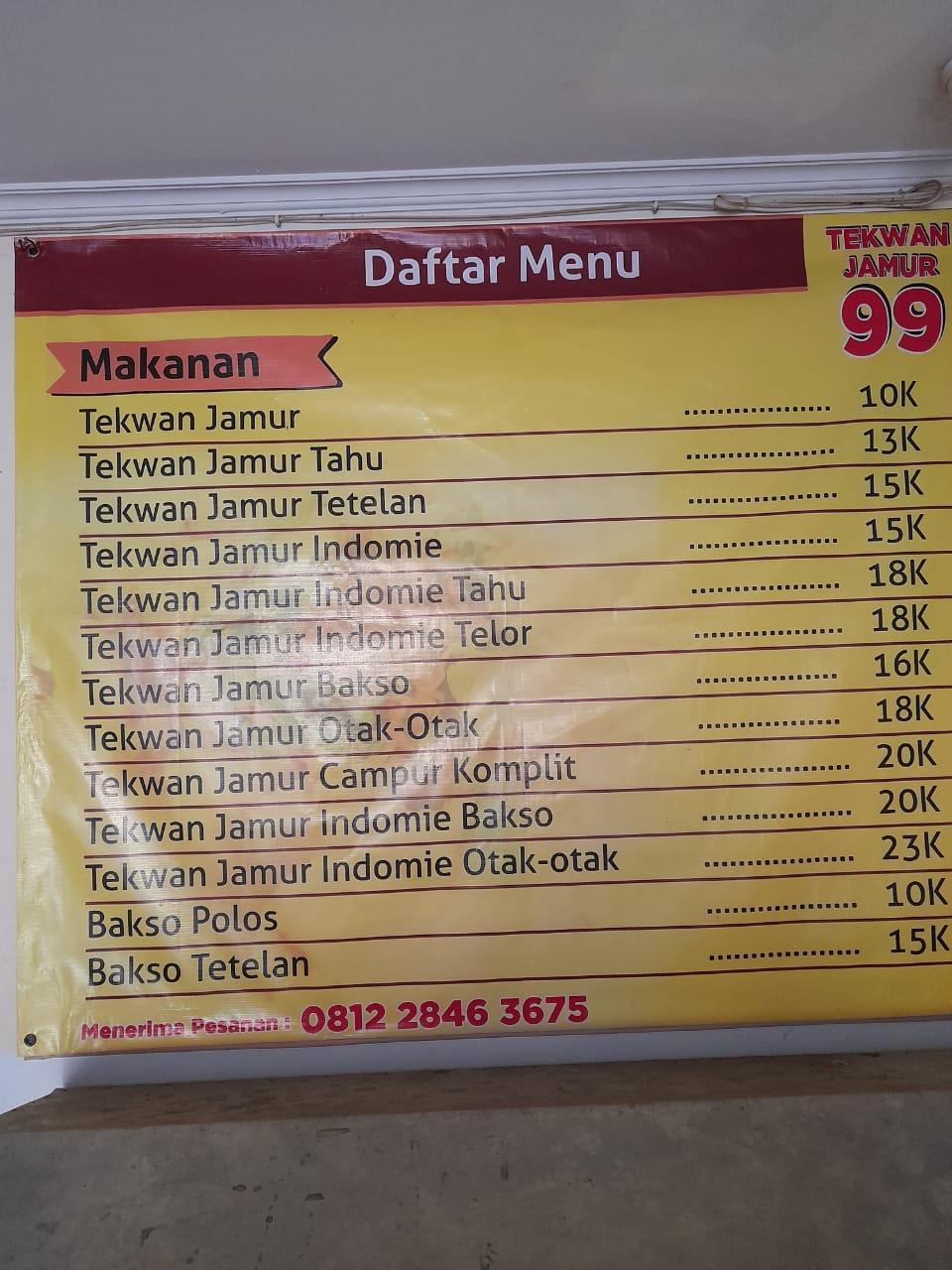 Menu at Tekwan jamur 99 restaurant, Central Jakarta