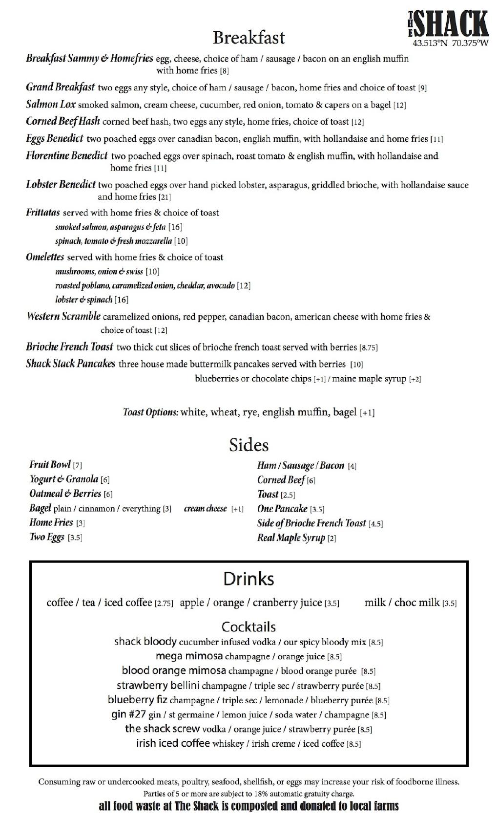 Menu at The Shack restaurant, Old Orchard Beach