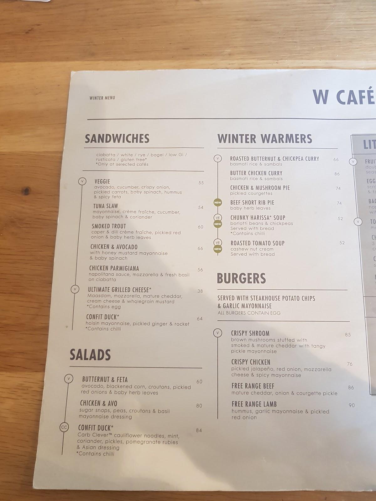 Speisekarte von W Cafe, Roodepoort