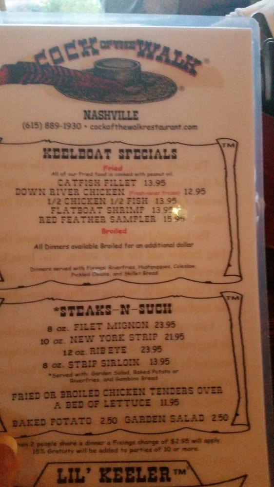 Menu at Cock of the Walk restaurant, Nashville, Music Valley Dr