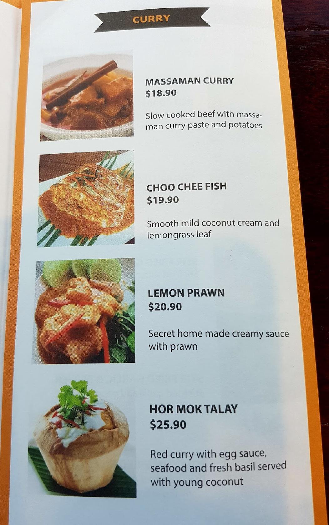 Menu at Noot's Thai restaurant, Cockburn Central