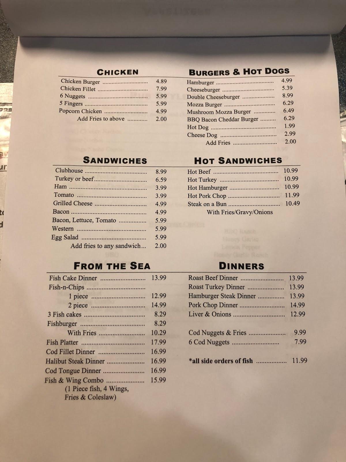 Menu at Alma's Family Restaurant, Channel-Port aux Basques