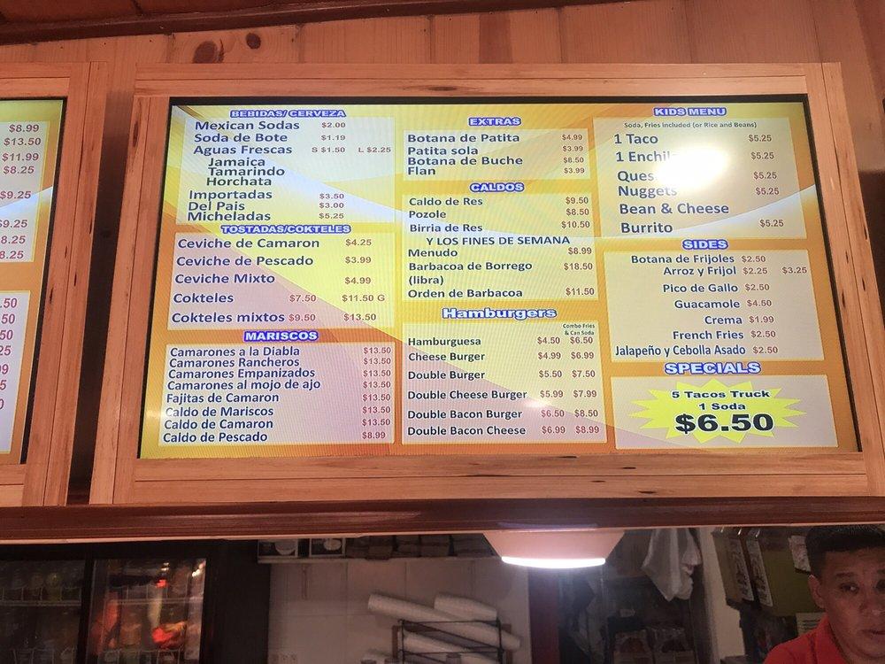 Menu at Carnitas Michoacan restaurant, Ceres
