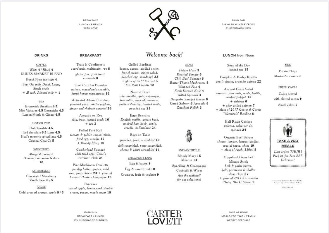 Menu at Carter Lovett restaurant, Elsternwick