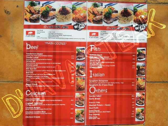 Menu at d'Java Steak steakhouse, Purwokerto, Jl. Kranji No. 28