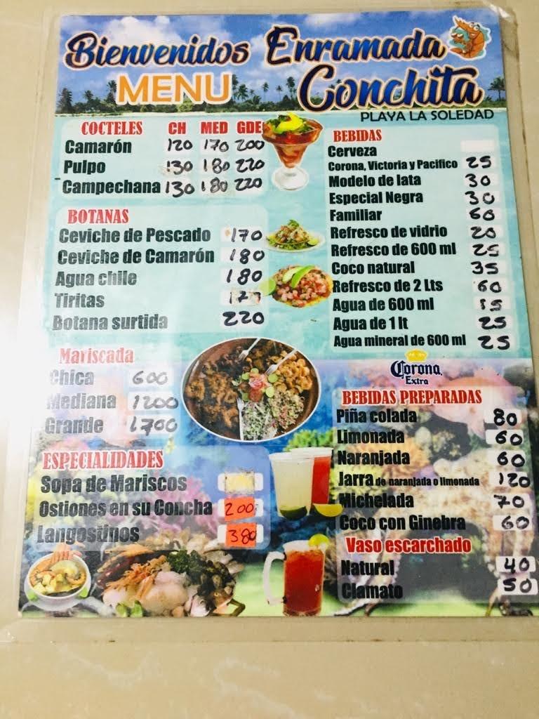 Menu at Enramada Conchita restaurant, Mexico, Carretera Lázaro Cárdenas ...