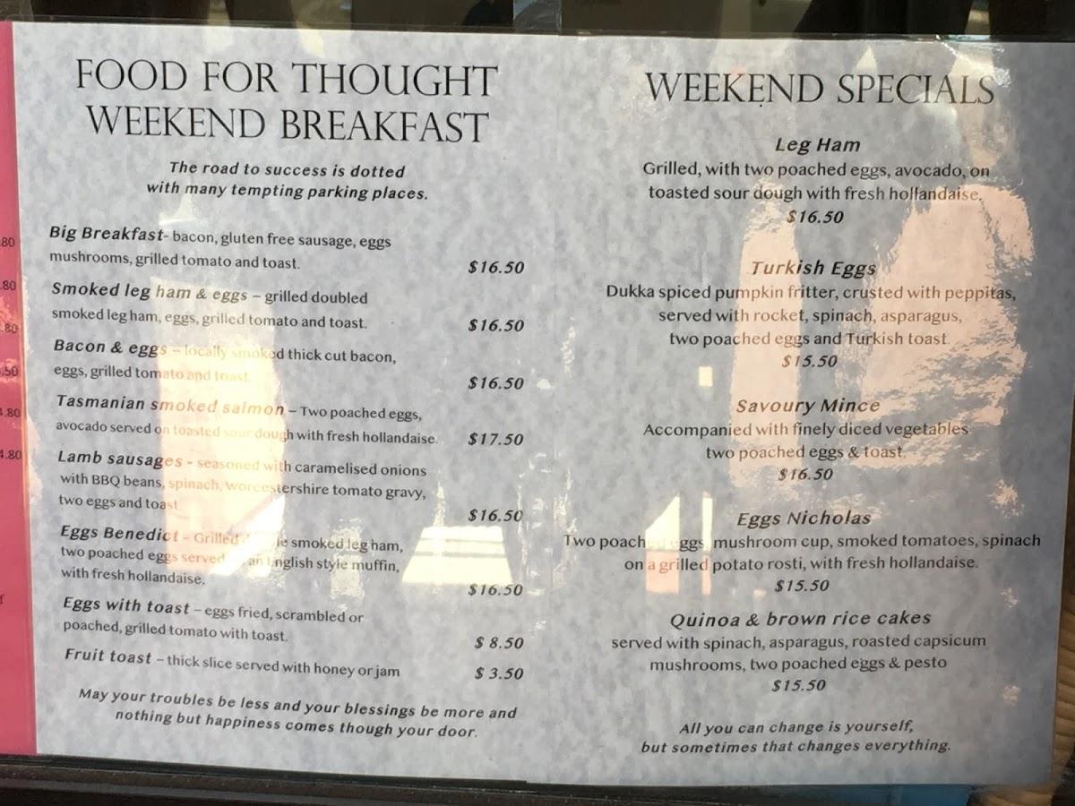 Menu at Food for Thought Cafe, Yeppoon