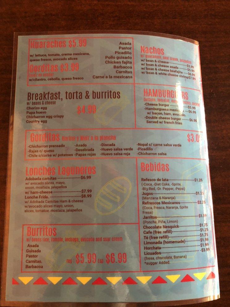 Menu at Frida's Taqueria restaurant, San Antonio