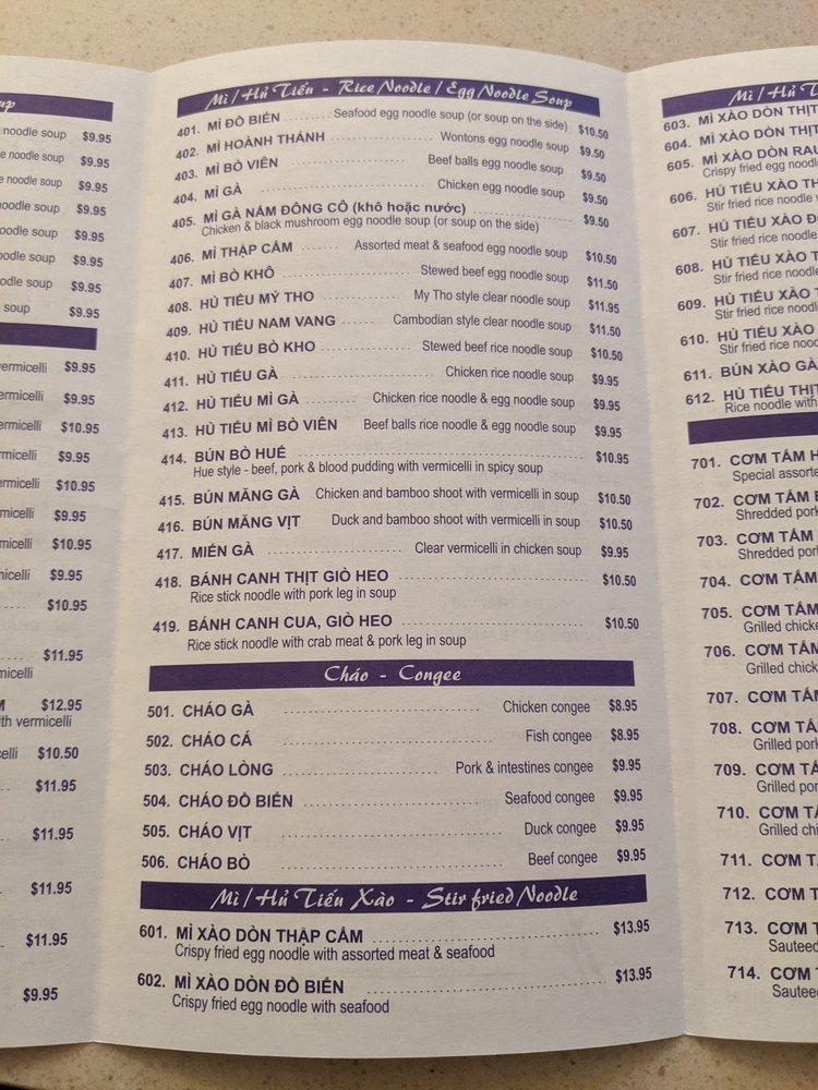 Menu at Hoai Huong Restaurant, Toronto