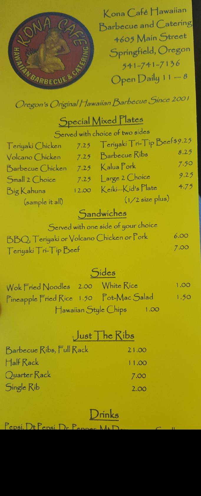 Menu at Kona Cafe, Junction City