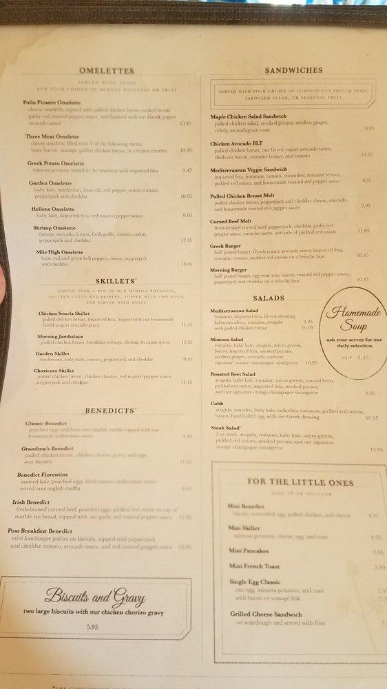 Menu at Mimosa restaurant, Franklin