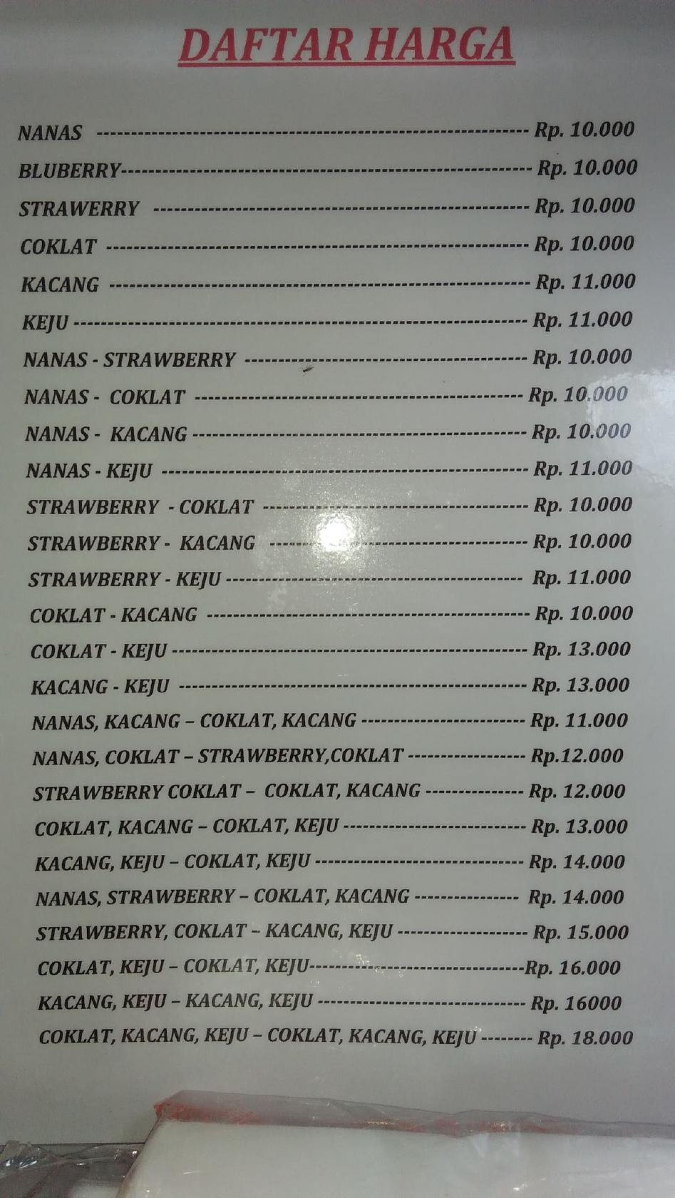 Menu at Roti Bakar 001 restaurant, Kotabumi