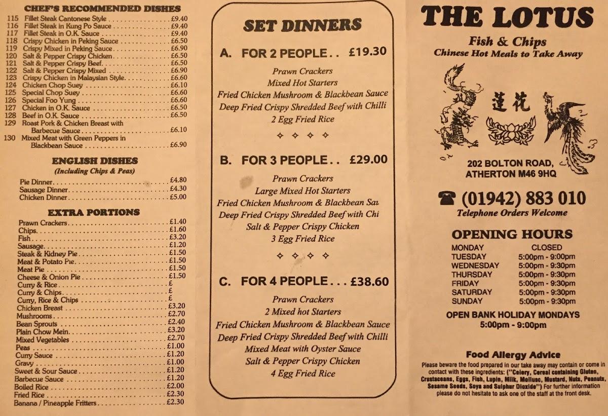 Menu at The Lotus fast food, Atherton