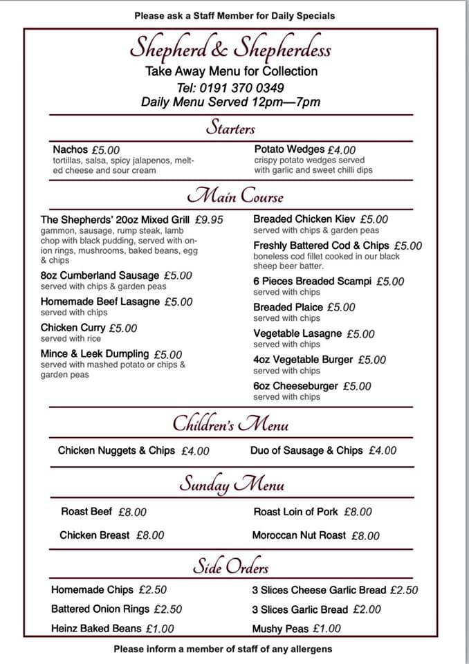 Menu at The Shepherd & Shepherdess Inn restaurant, Stanley