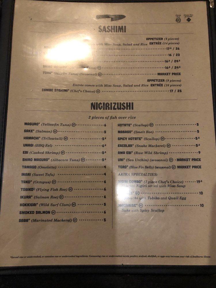 Menu at Akira Aptos restaurant, Aptos