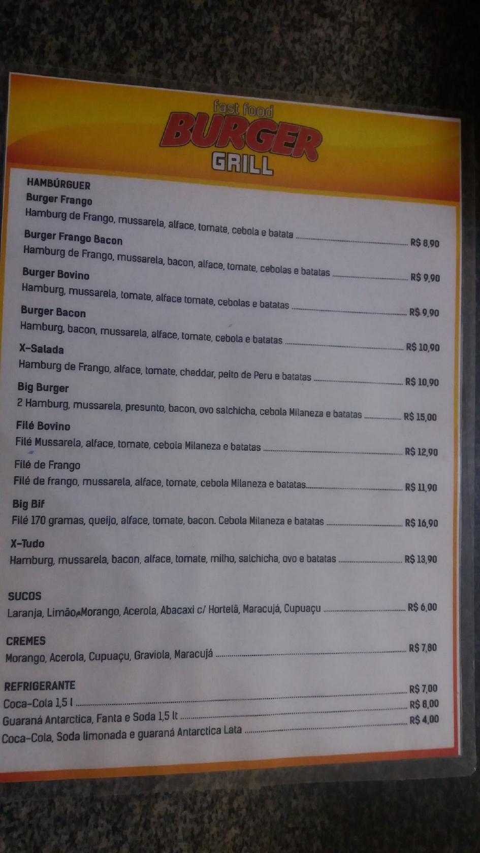 Menu at Fast Food Burger Grill, Brazil