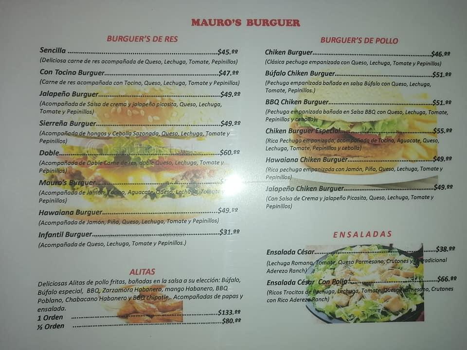 Menu at Mauro's Burger restaurant, Ciudad Cuauhtemoc