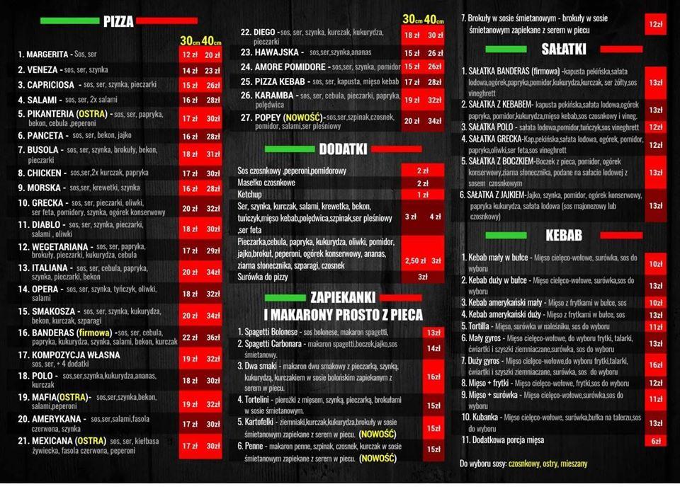Menu at Pizzeria Banderas, Skwierzyna
