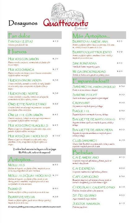 Menu at Quattrocento Pedregal restaurant, Mexico City