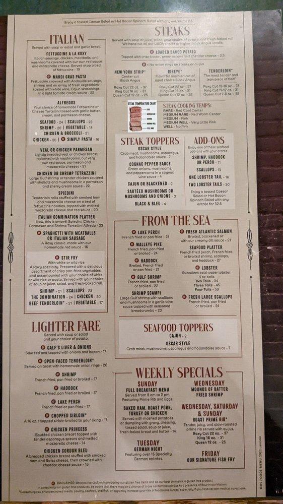 Menu at The Roxy Supper Club, Oshkosh