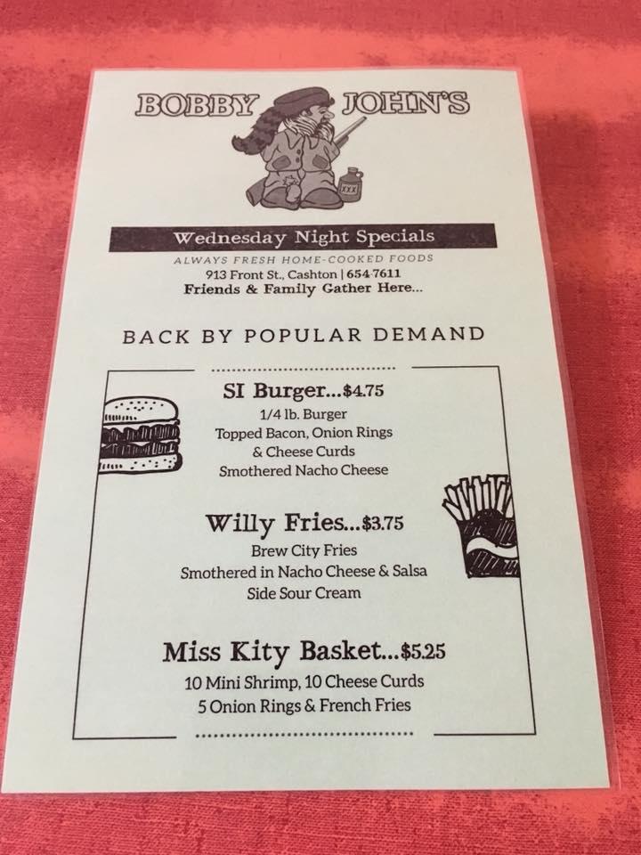 Menu at Bobby John's restaurant, Cashton