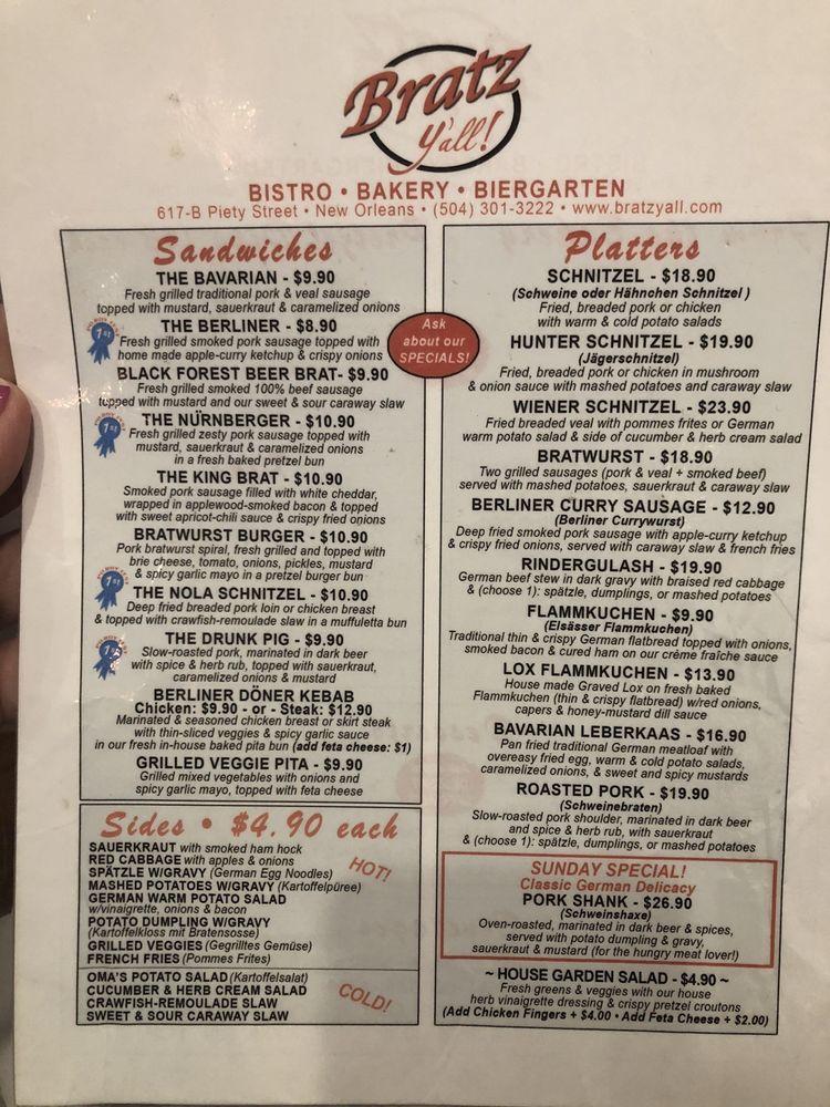 Carta de Bratz Y'all! Bistro • Bakery • Biergarten, Nueva Orleans