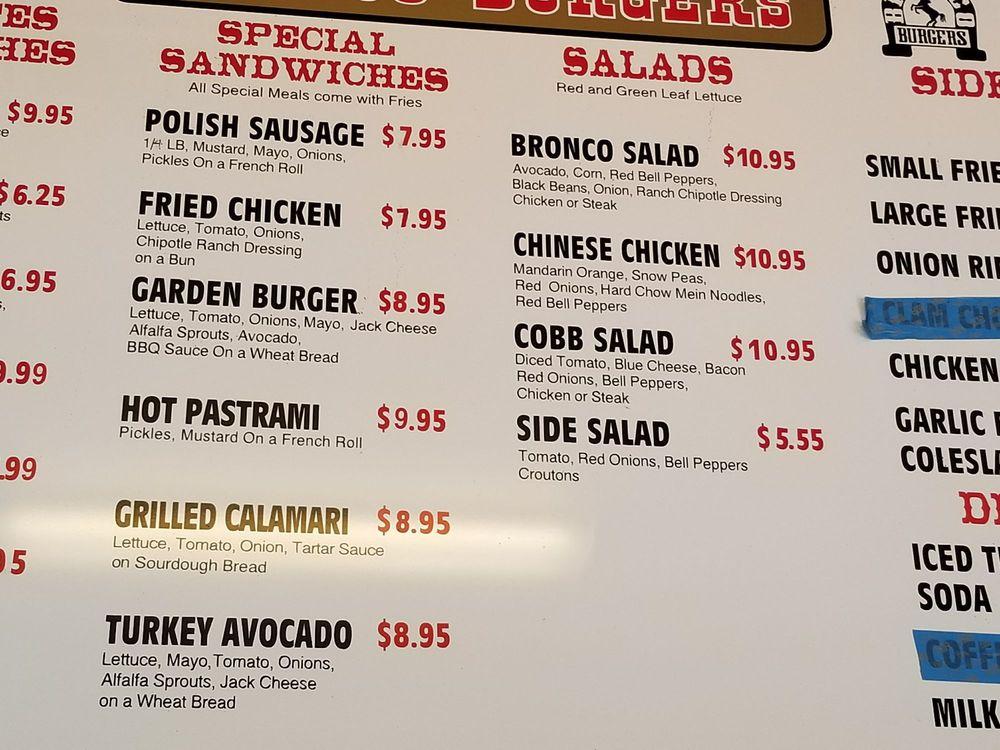 Menu at Bronco Burger restaurant, Paso Robles