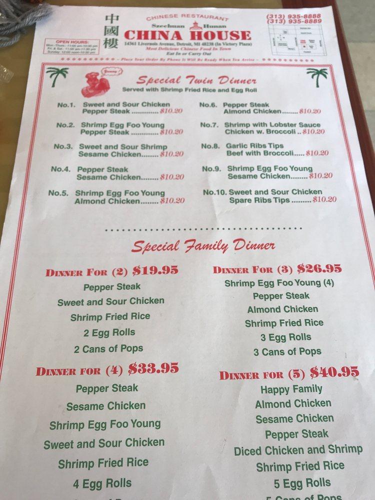 Menu at China House restaurant, Detroit, Livernois