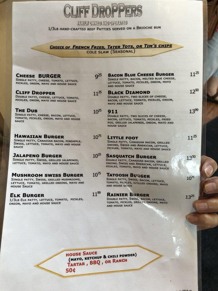 Menu at Cliff Droppers restaurant, Packwood