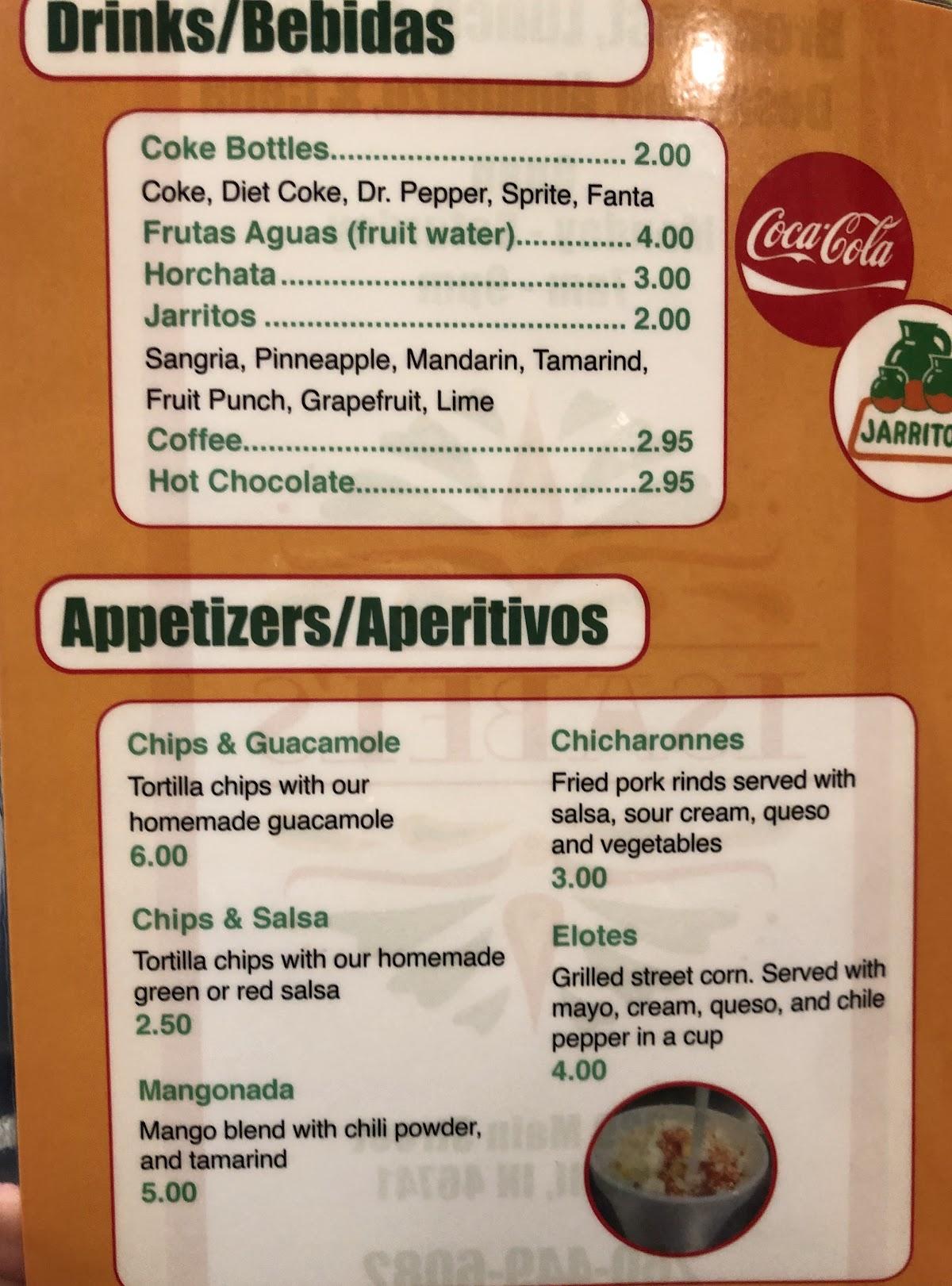 Menu at Isabel’s Tacos restaurant, Grabill