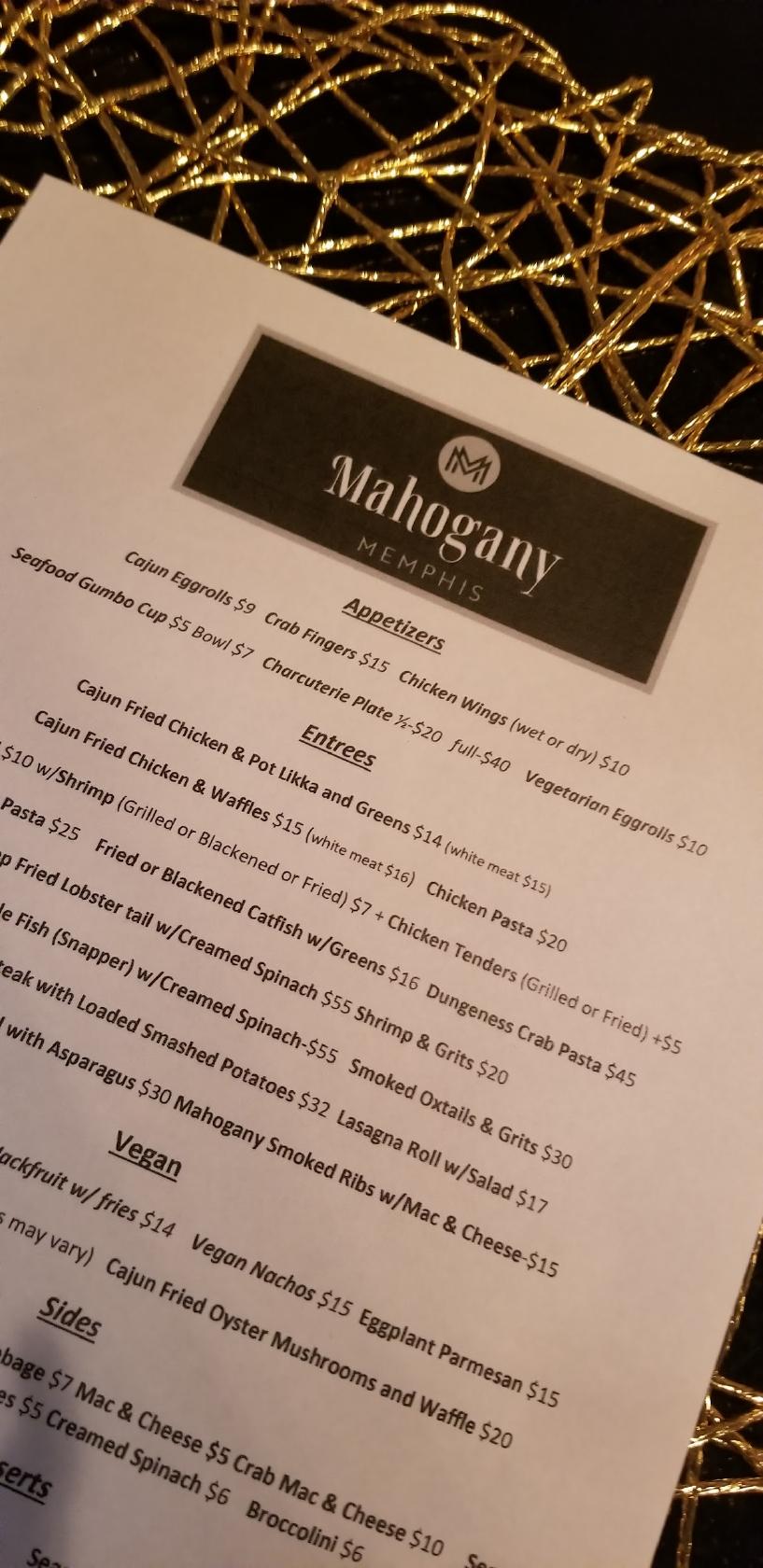 Menu at Mahogany Memphis restaurant, Memphis