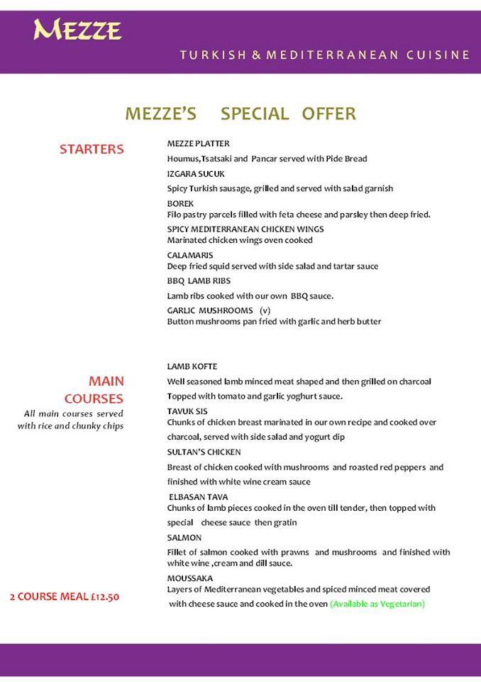 Menu at Mezze restaurant, Wallasey