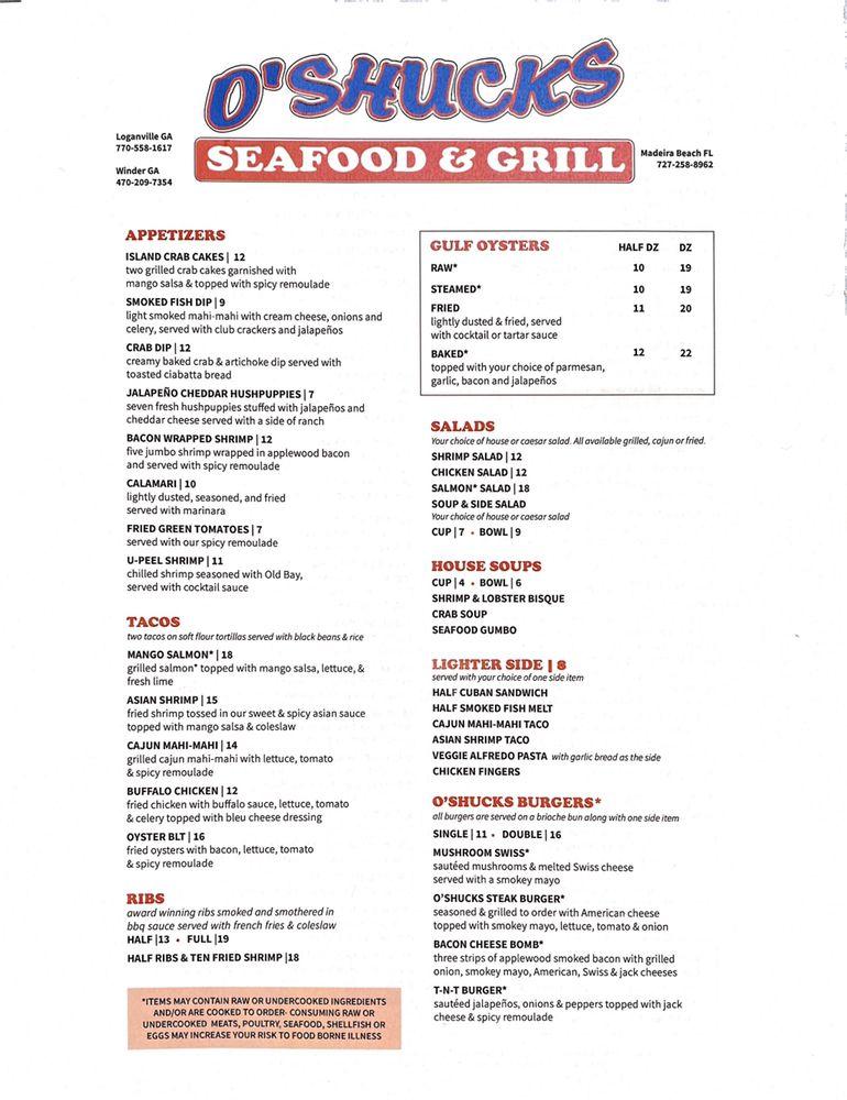Menu at O'Shucks Seafood & Grill restaurant, Winder