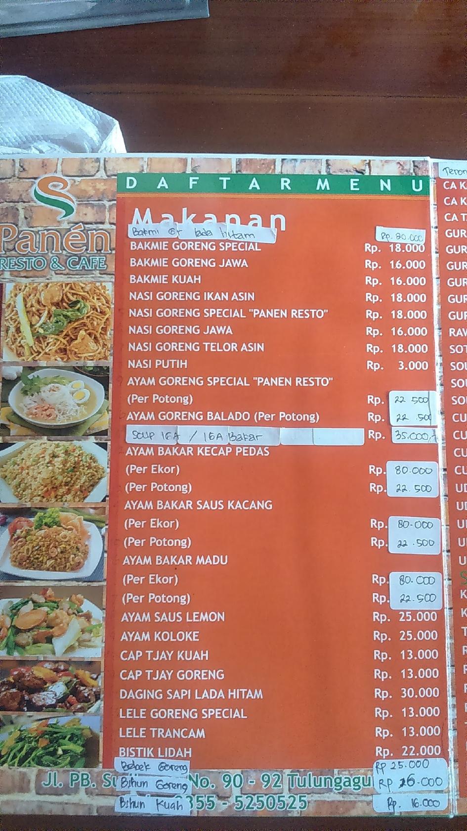 Menu at RM Panen Resto restaurant, Tulungagung