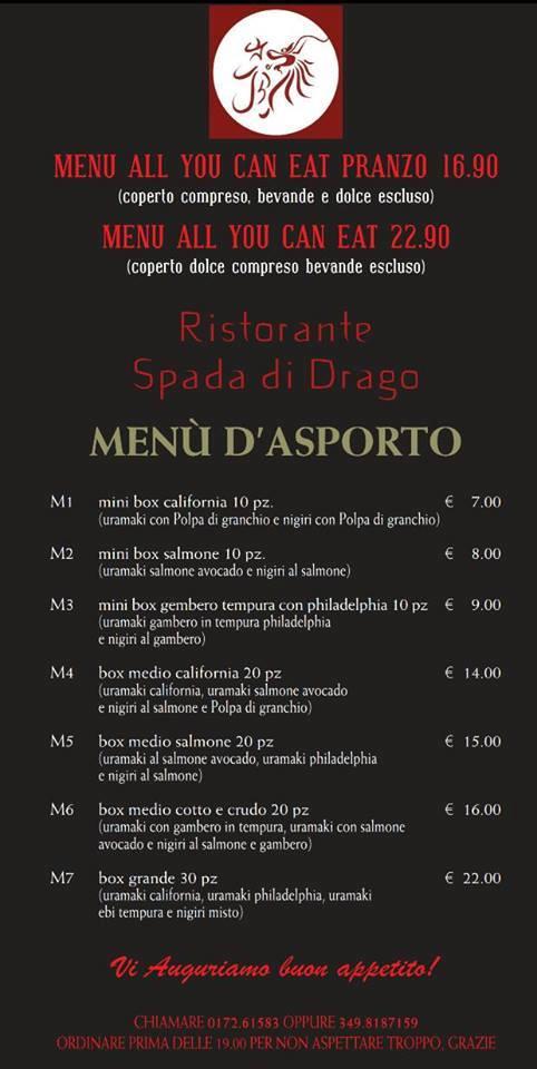 Menu da Spada di Drago ristorante, Fossano