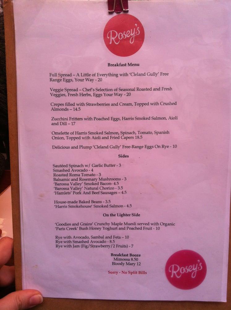 Menu at Rosey's Unley cafe, Unley