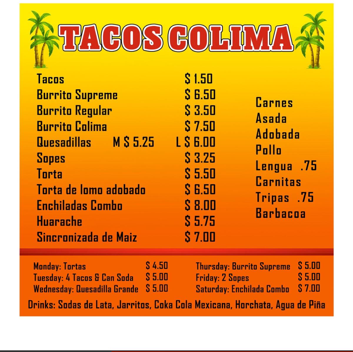 Menu at Tacos Colima restaurant, Moses Lake
