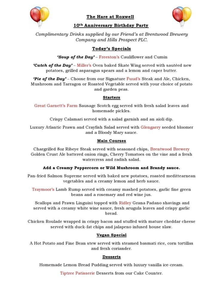 Menu at Hare - Roxwell pub & bar, Chelmsford, Bishops Stortford Rd